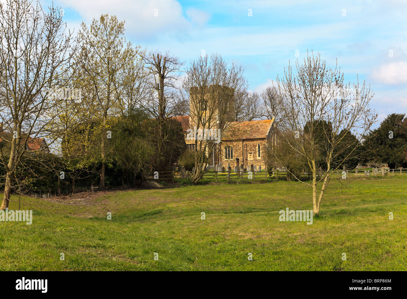 St Mary's Church, Meppershall, viewed across a field with a blue sky ...
