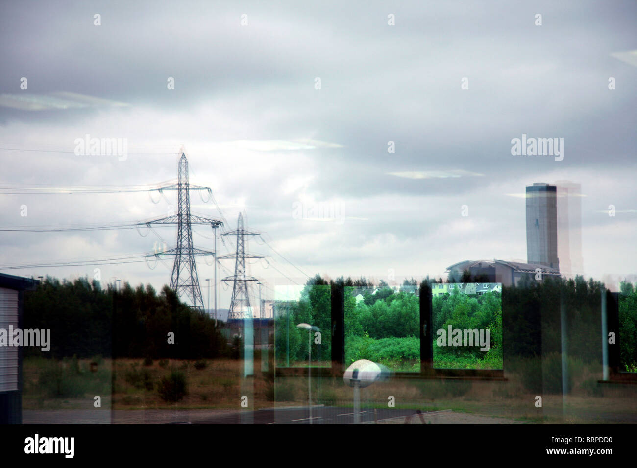 Reflection of green foliage in window with view of electricity pylons ...