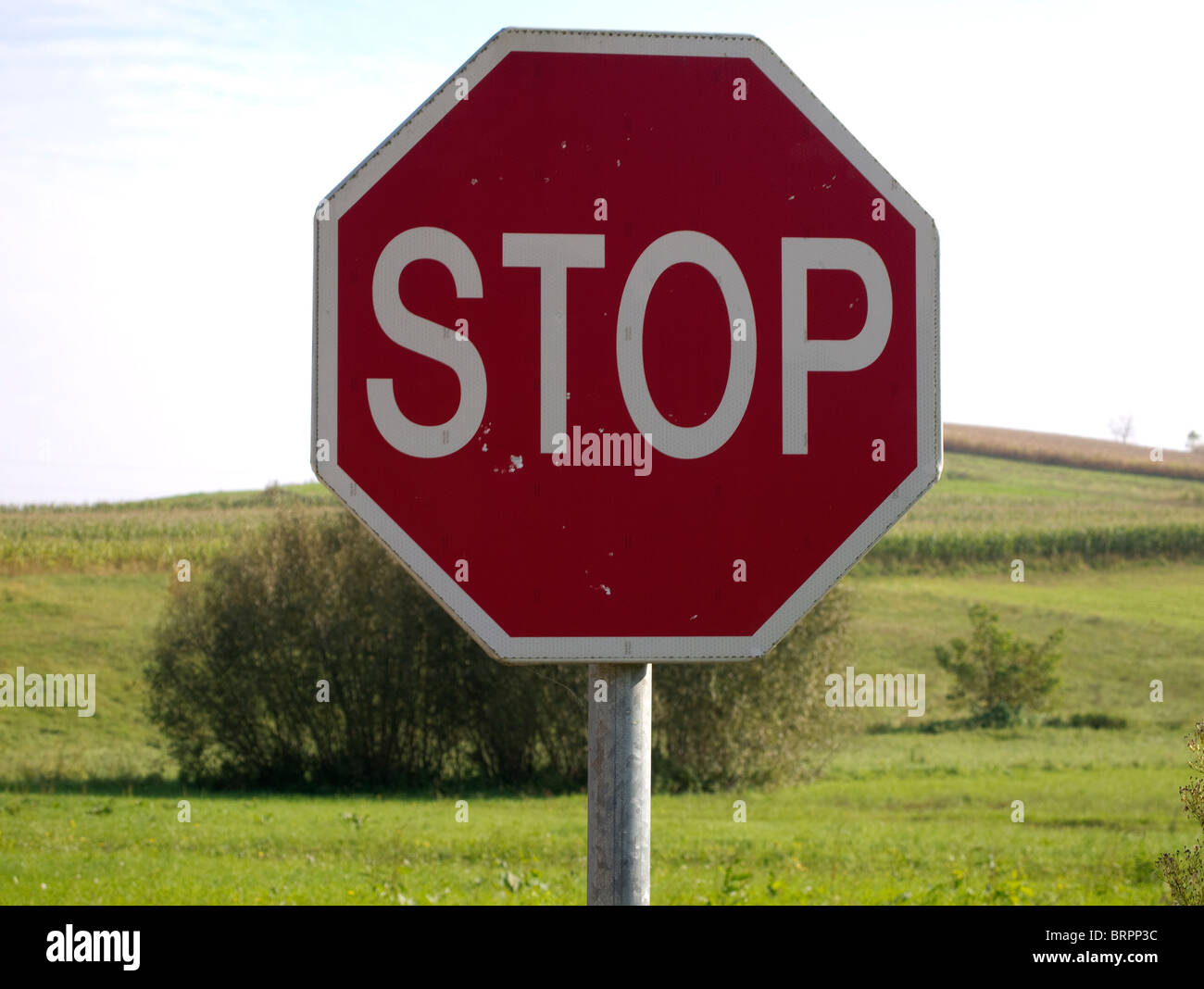 Stop sign and green landscape Stock Photo - Alamy