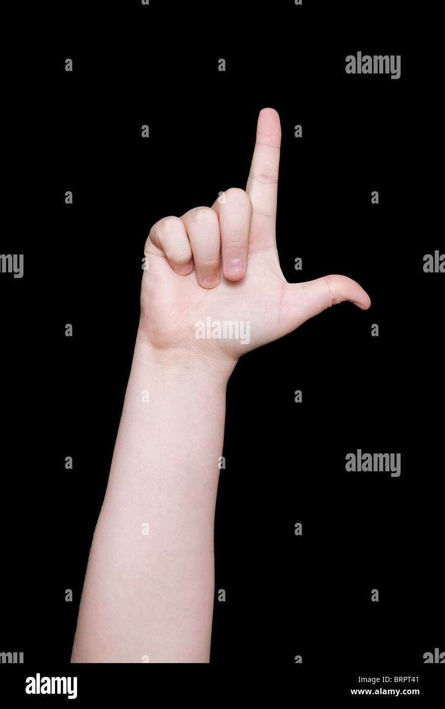 the letter l in sign language on a black background Stock Photo - Alamy