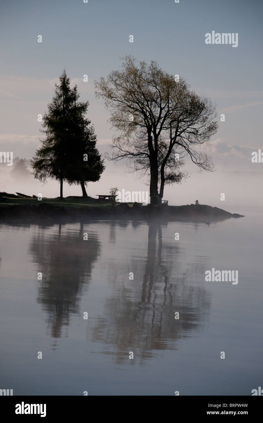 Trees reflected and early morning mist on Lake Manitou Stock Photo - Alamy