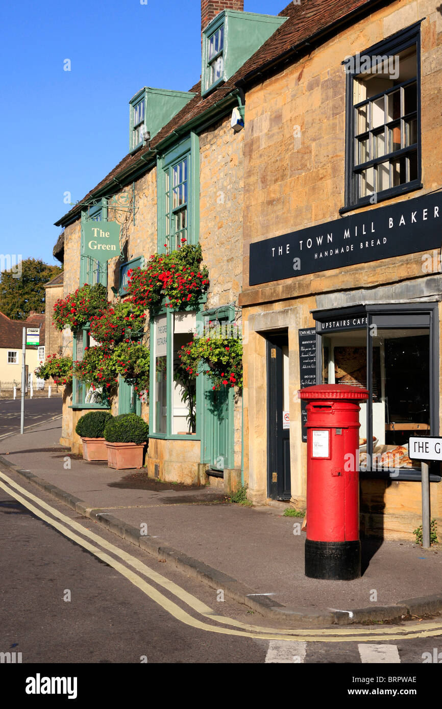 The Town Mill Bakery, The Green Tea Shop and traditional Red Royal Mail ...