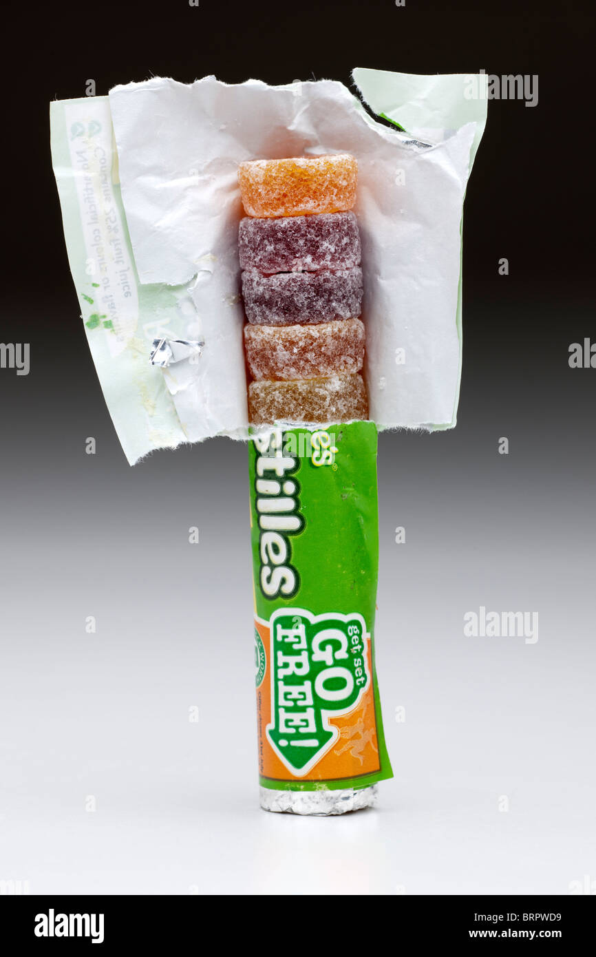Half eaten opened packet of Rowntrees fruit pastilles Stock Photo - Alamy