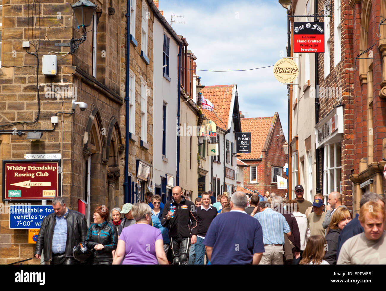 Whitby, crowded busy shopping street scene in the town centre, North ...