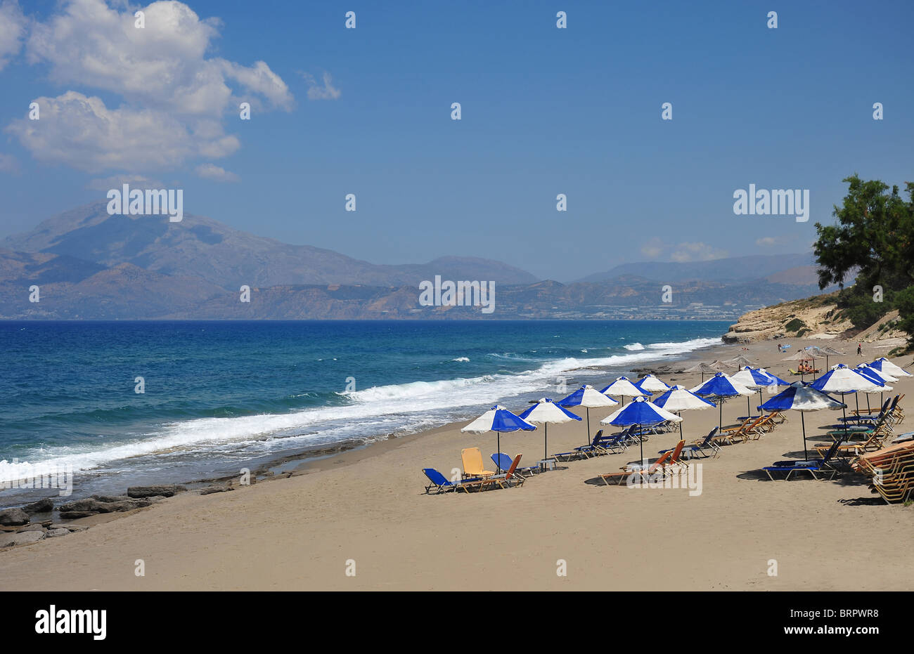 The wide sandy beach at the resort of Kalimaki, Crete, Greece Stock ...