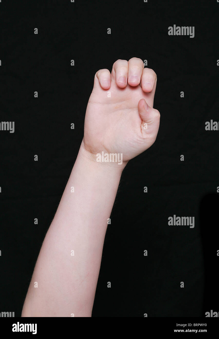 the letter e in sign language on a black background Stock Photo - Alamy