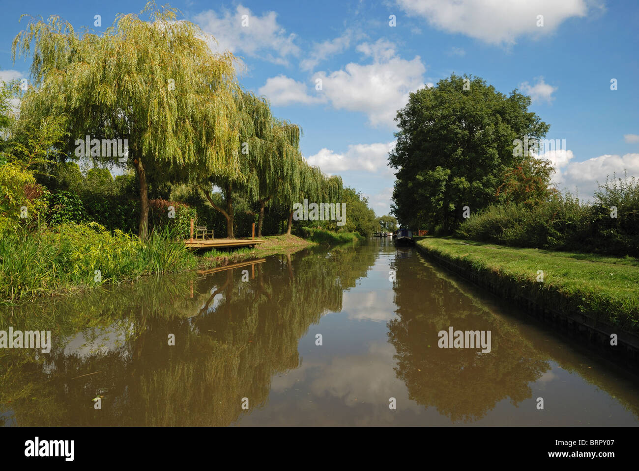 A tree-lined stretch of the Trent and Mersey Canal, near Weston Lock ...