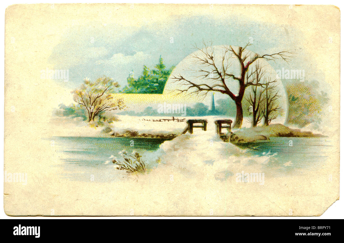 Christmas card with a winter landscape depicting a snowy bridge the ...