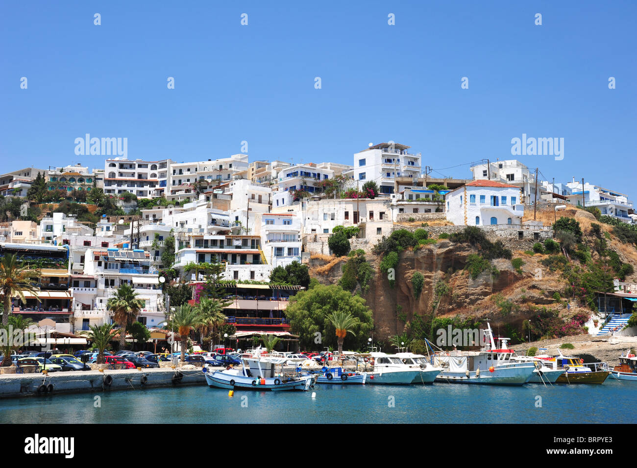 The busy fishing port and harbour at Agia Gallini, Crete, Greece Stock ...