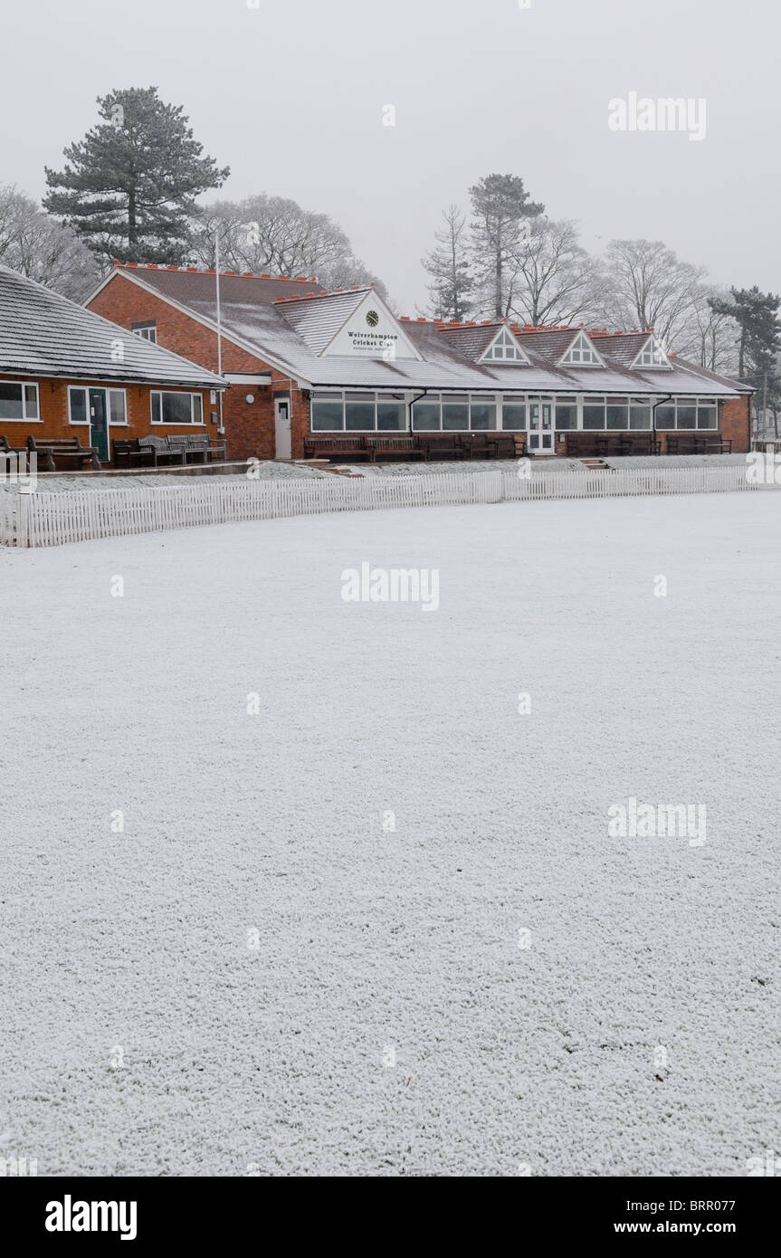 Wolverhampton Cricket Club in winter covered in thick frost and snow ...