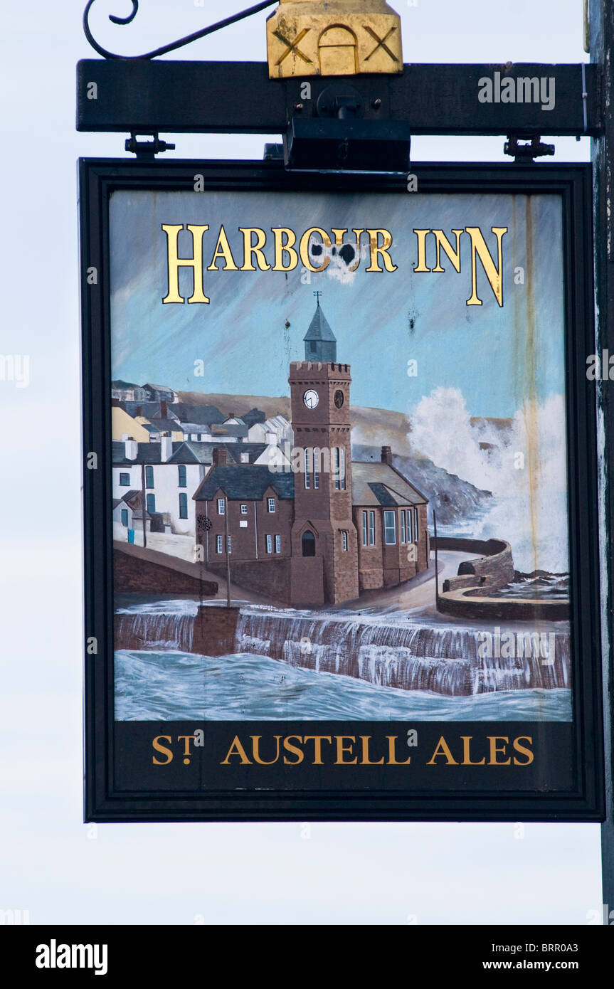 The sign outside the Harbour Inn pub at Porthleven in Cornwall, England ...