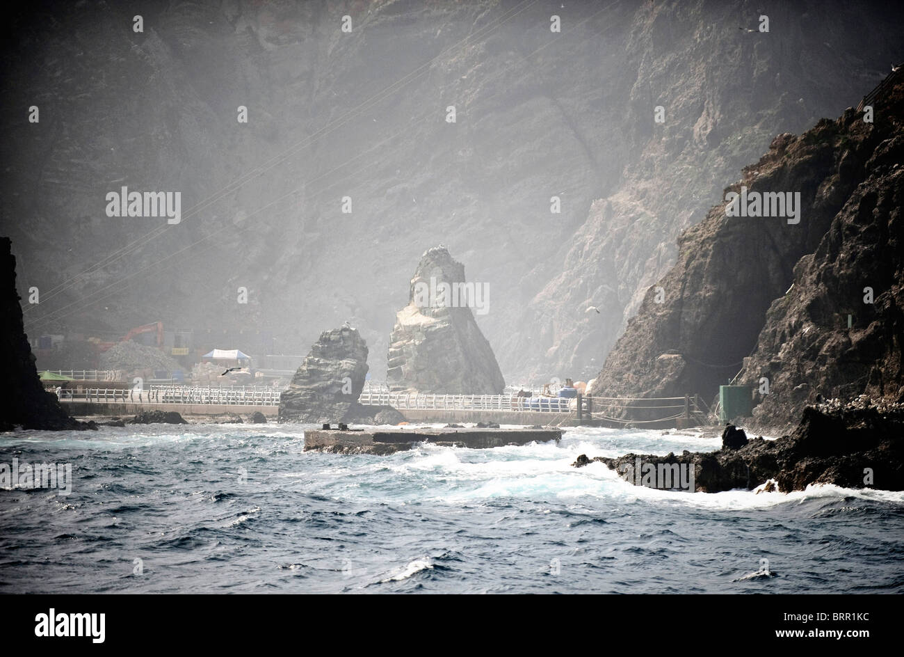 Photo shows the landing area of the main Dokdo Island, part of islets ...