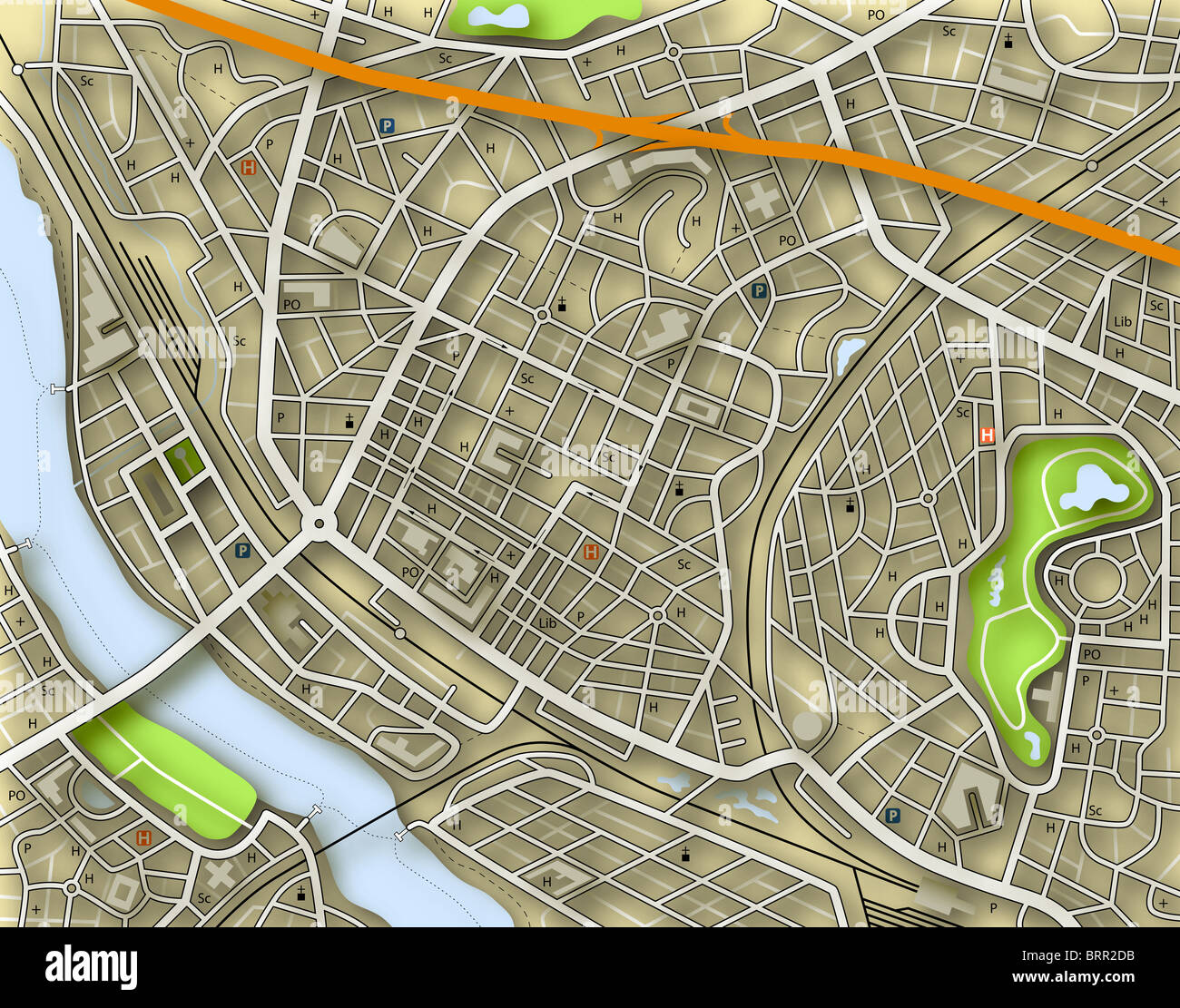 Illustrated map of a generic city with no names Stock Photo - Alamy