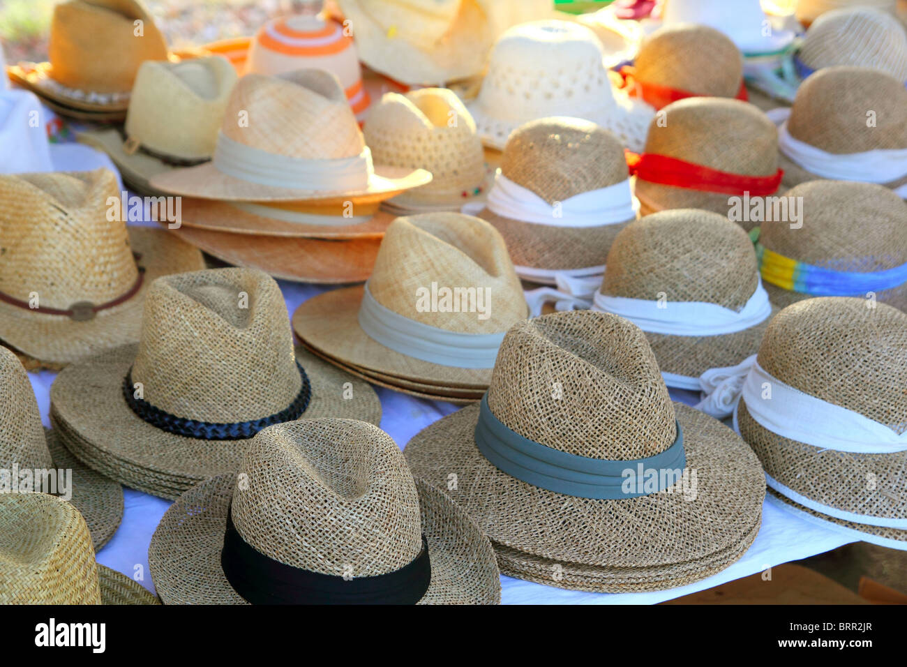 Hats arrangement on market hand craft shop in rows Stock Photo - Alamy