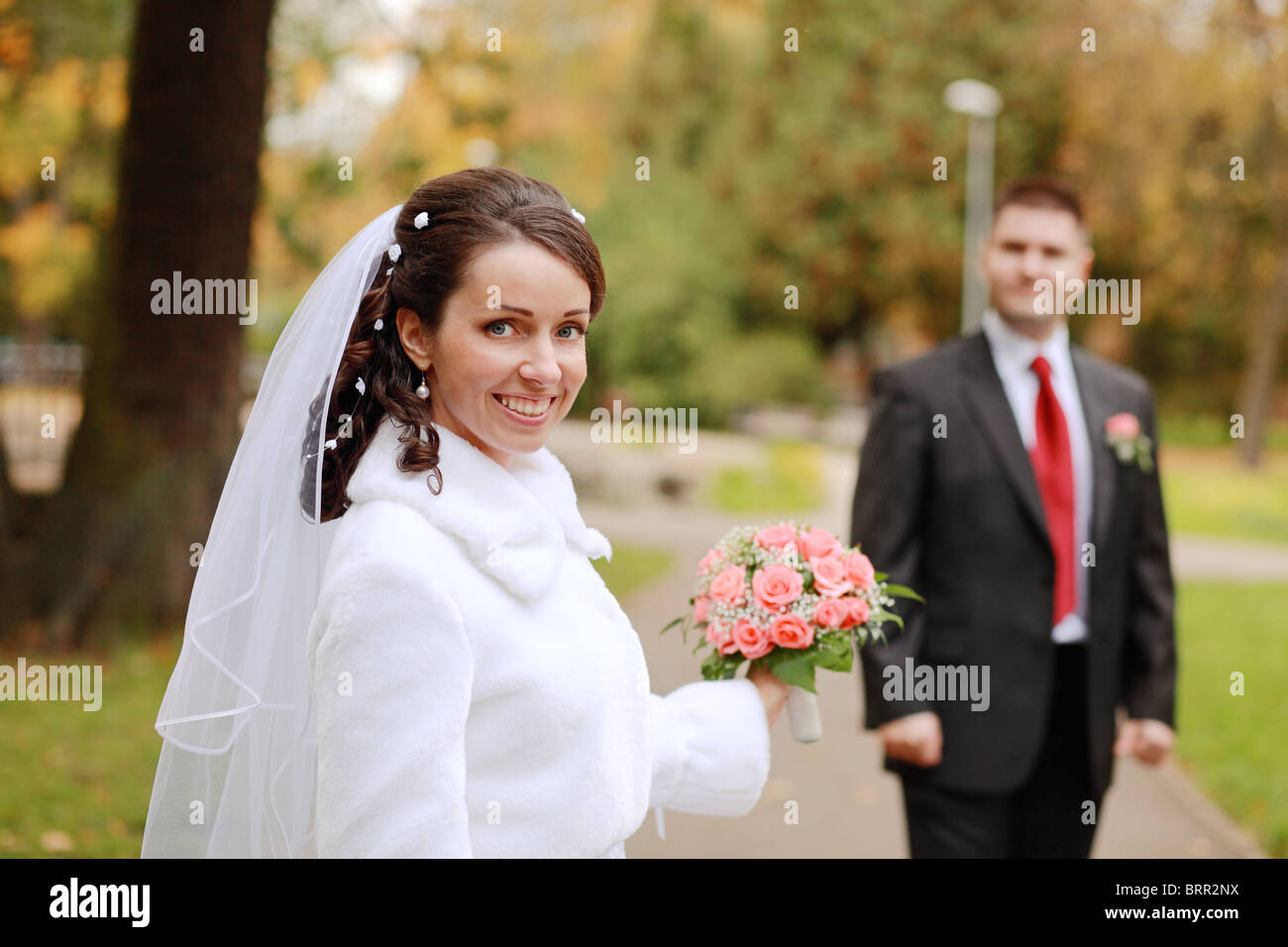 The bride and the groom in park Stock Photo - Alamy