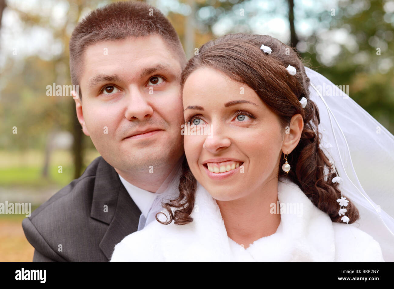 The bride and the groom in park Stock Photo - Alamy