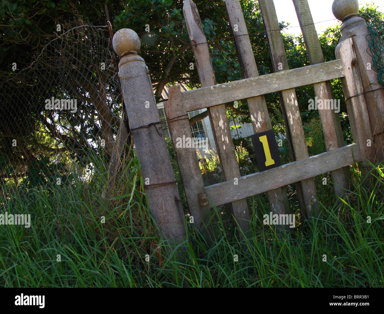A dilapidated gate to overgrown garden Stock Photo - Alamy