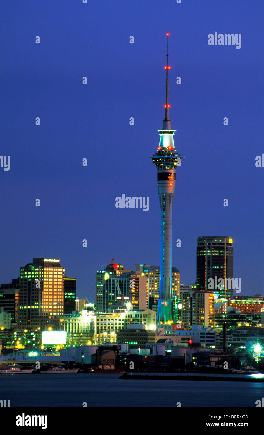 Auckland City skyline at night with the Sky tower prominent against the ...