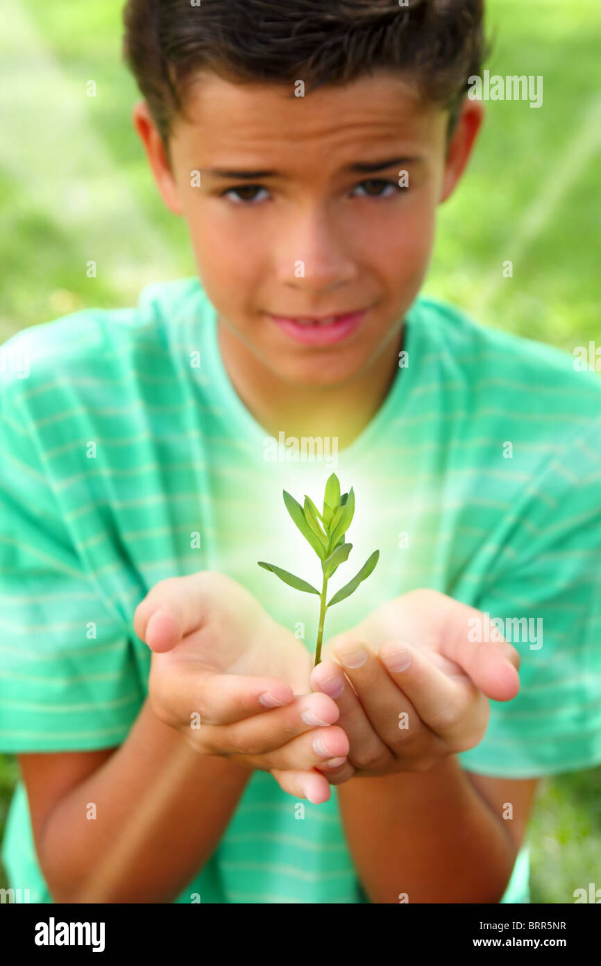 plant sprout growing glow light on teenager boy hands outdoors Stock ...