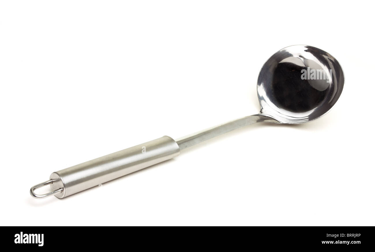 Stainless Steel kitchen Ladle from low perspective isolated on white ...