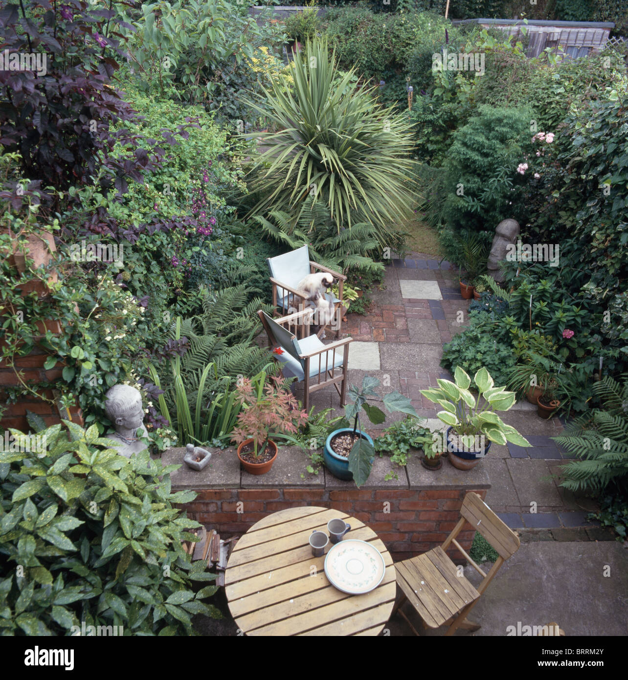 Birds-eye view of wooden table and chairs on patio in paved town garden ...