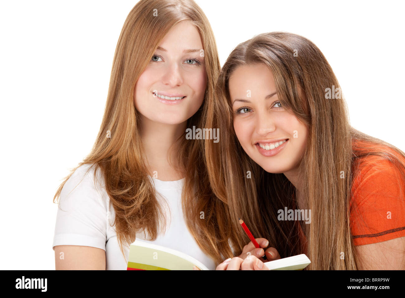two young happy student girl, isolated on white Stock Photo - Alamy