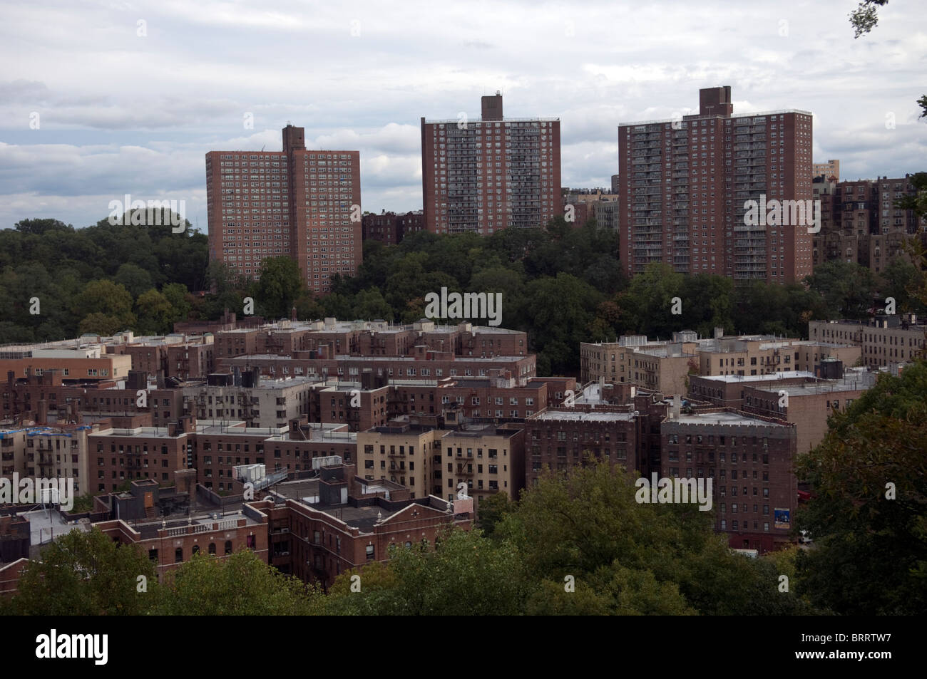 Densely packed apartment buildings seen in upper Manhattan in New York ...