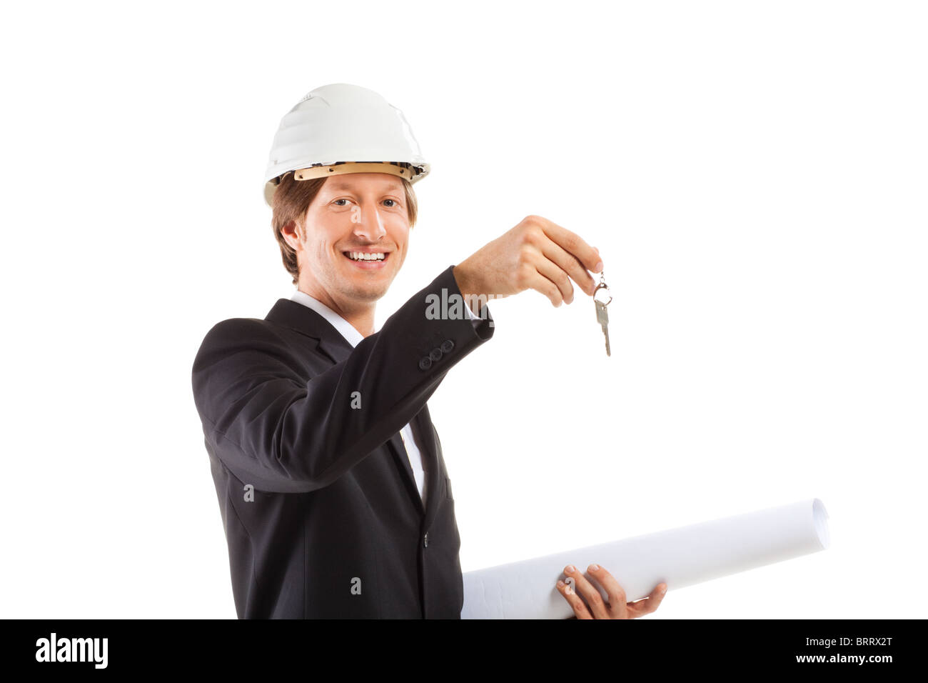 smiling engineer giving keys from apartment Stock Photo - Alamy