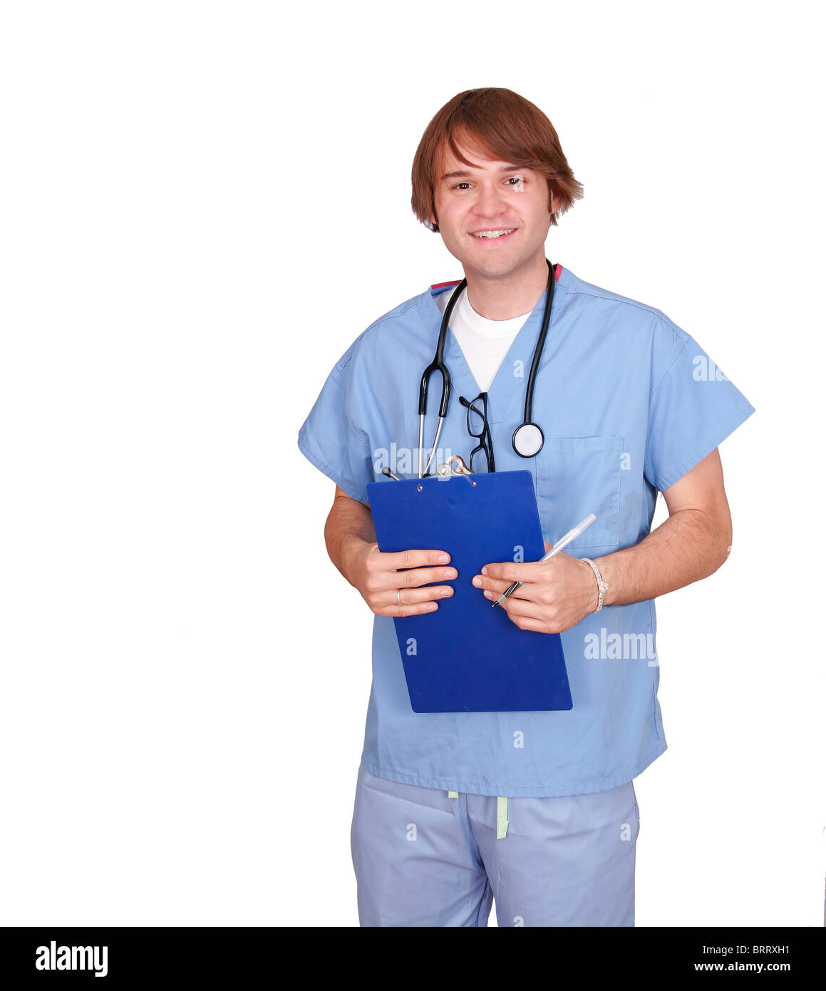 one man medical doctor guy in blue scrubs over white Stock Photo - Alamy