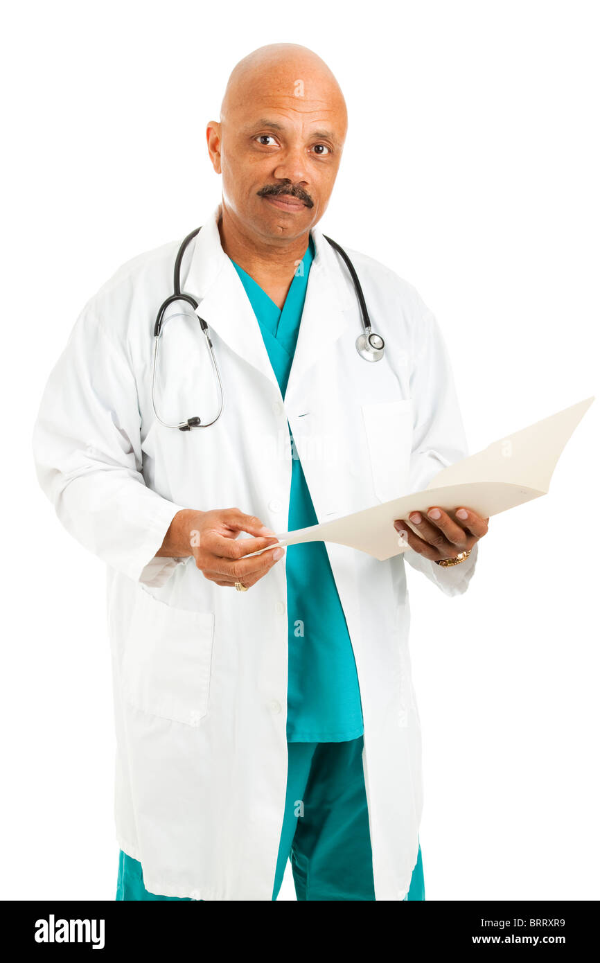 Handsome african-american doctor holding a medical chart. Isolated on ...