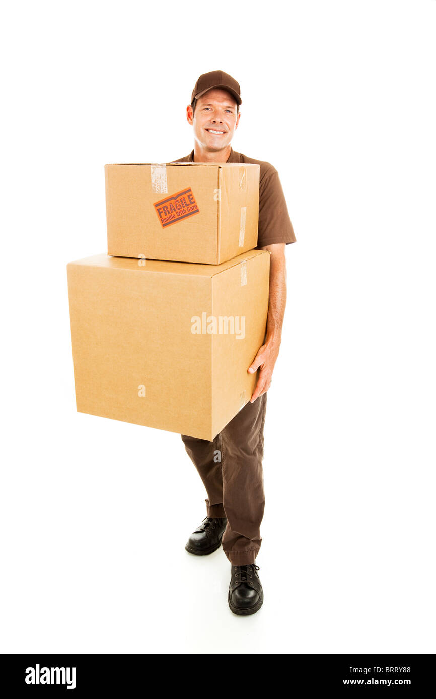 Delivery man or mover carrying heavy boxes. Full body isolated on white ...