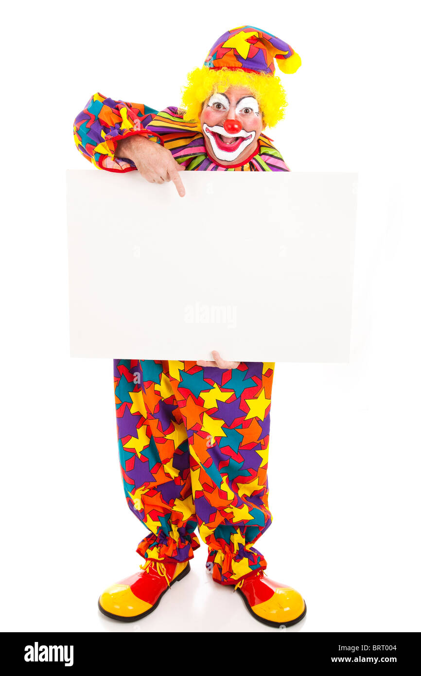 Full body isolated view of a friendly circus clown holding a black ...