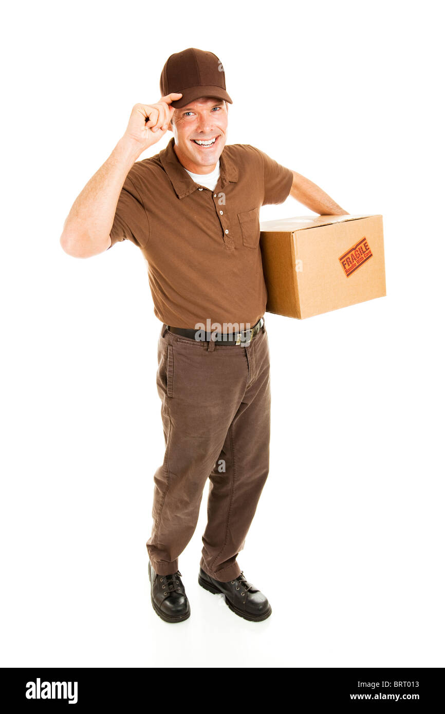 Friendly delivery man carrying a package and tipping his hat. Full body ...