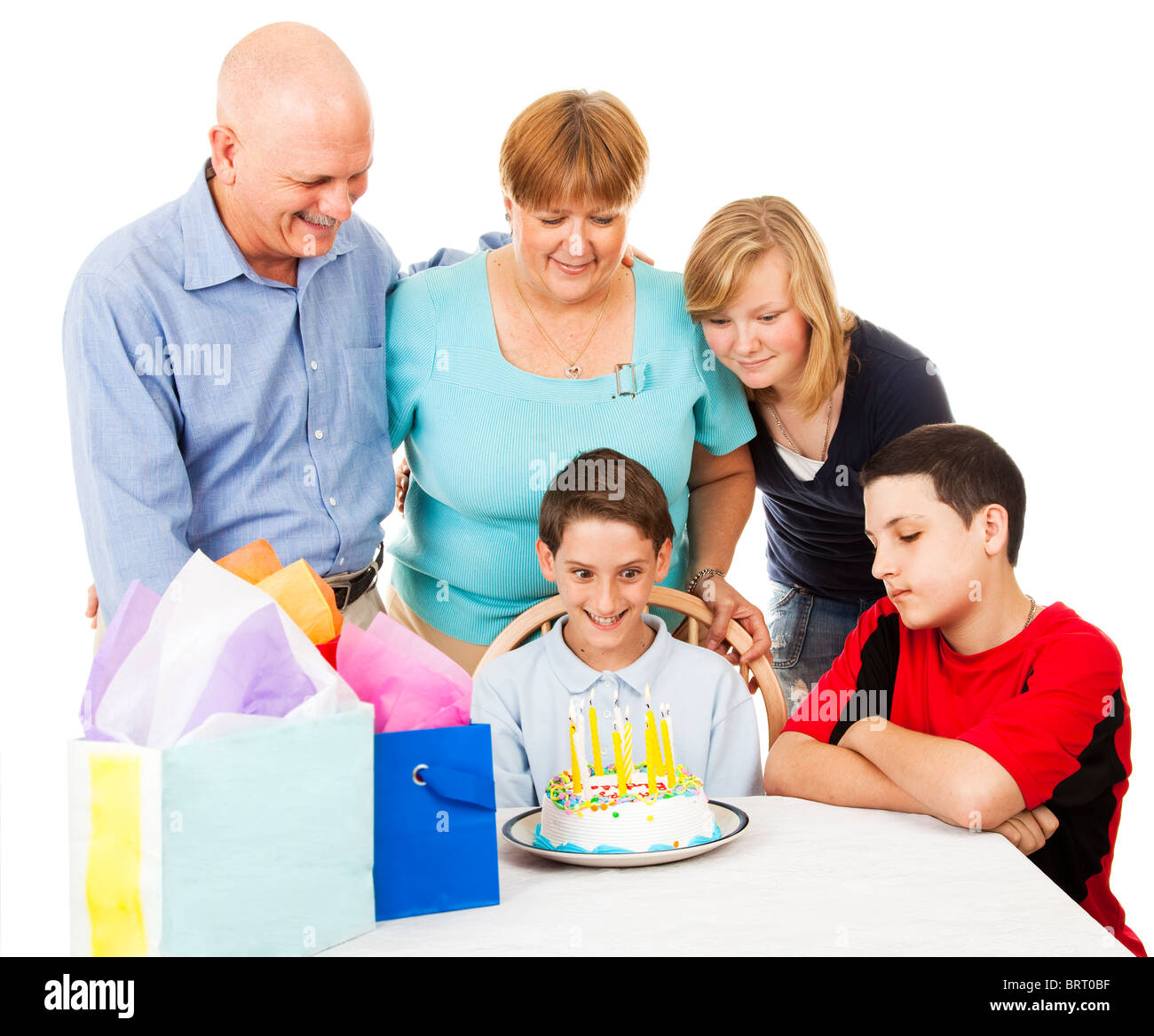 Family celebrating a little boy's birthday. Isolated on white Stock ...