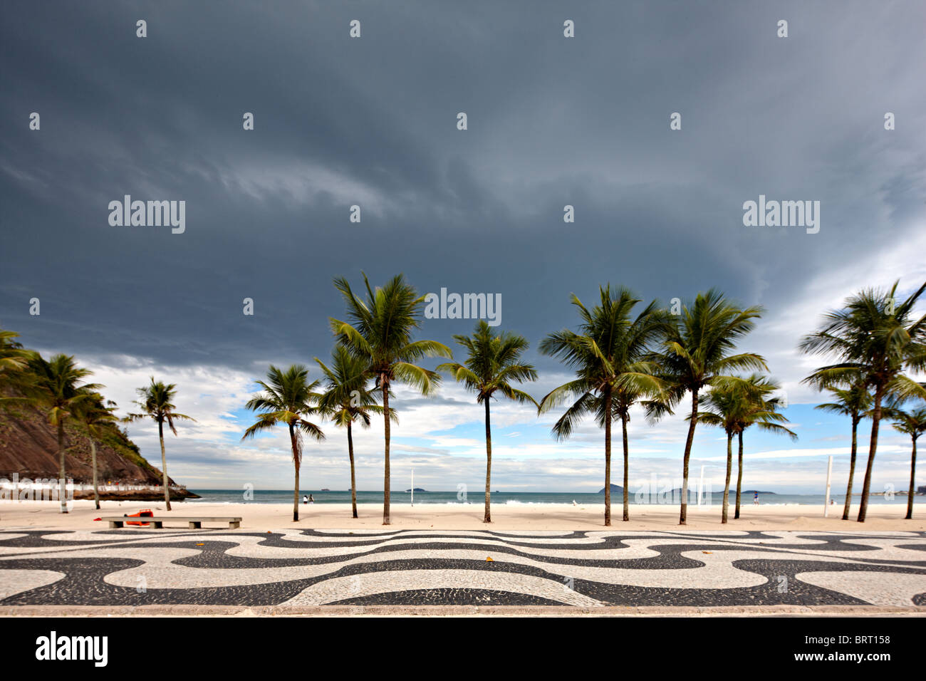 Copacabana beach with sidewalk design and palm trees, Rio de Janeiro ...