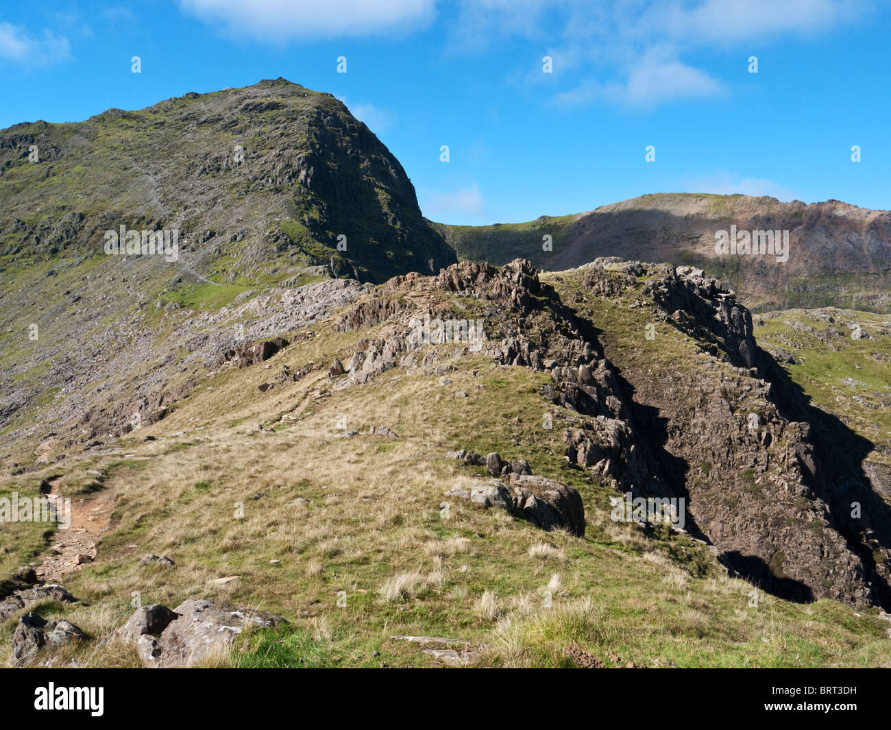 The summit of Snowdon seen across Bwlch y Saethau. The Watkin path ...