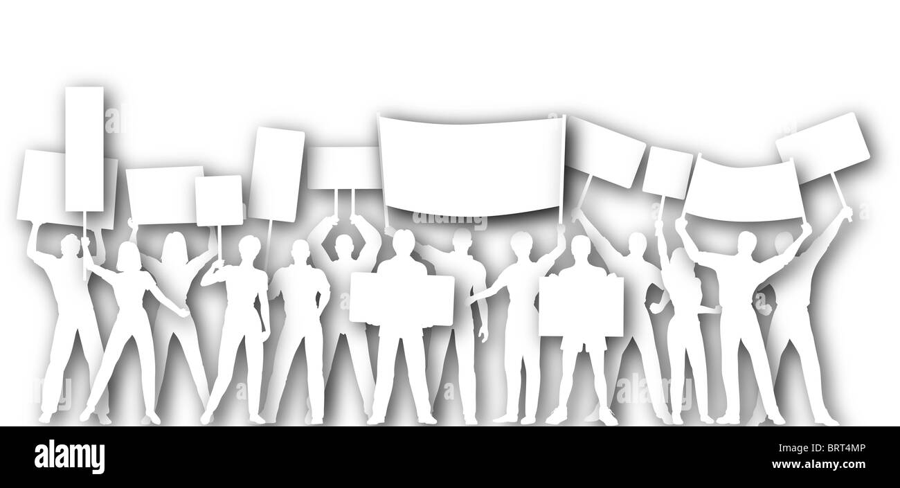 Illustrated cutout silhouettes of people holding placards or signs ...