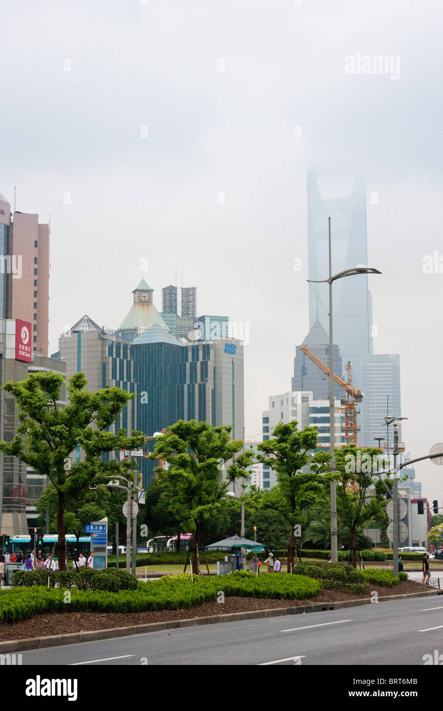 Skyscrapers seen behind avenue of trees in Shanghai China Stock Photo ...