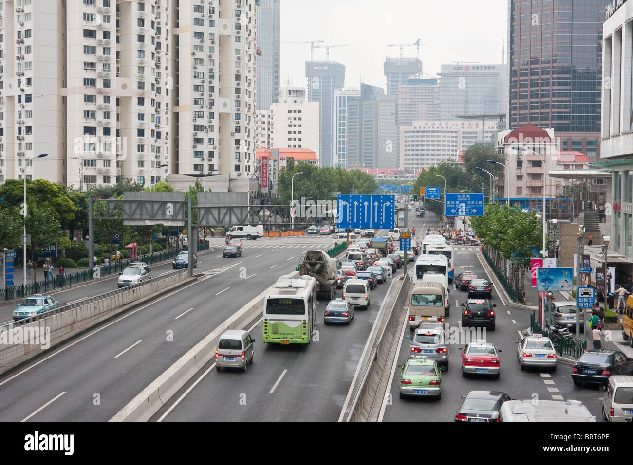Wide streets with traffic congestion in Pudong, Shanghai China Stock ...