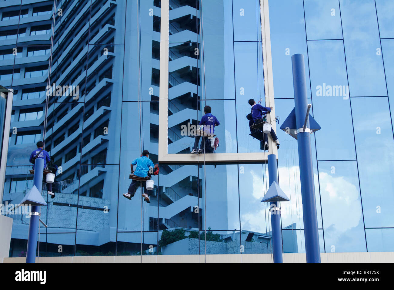 Window cleaners (wipers) cleaning (working) hanged on a high-rise ...