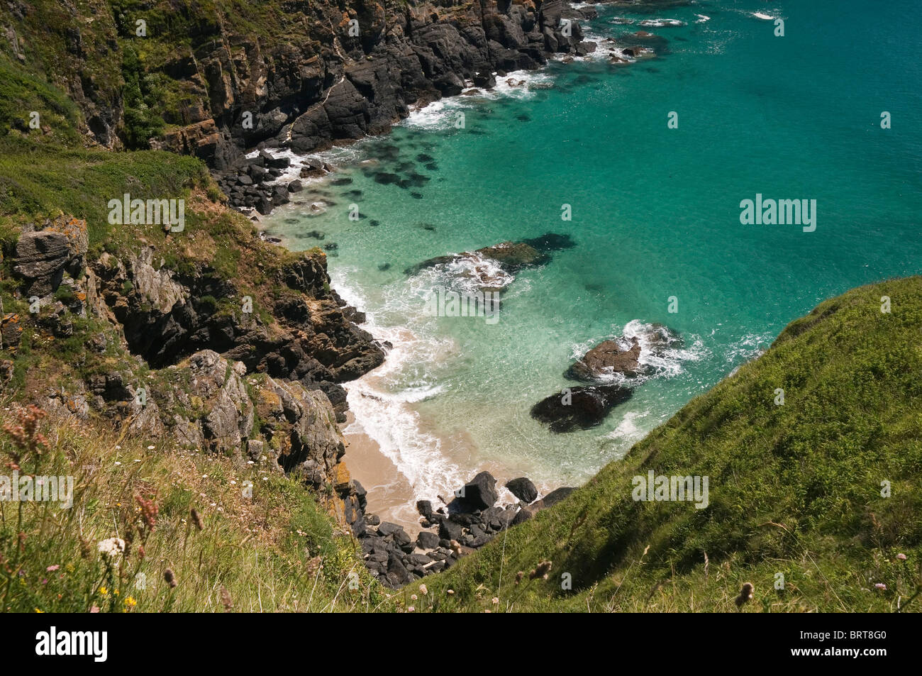 A view looking down on Housel Bay from the cliff pathway Lizard Point ...