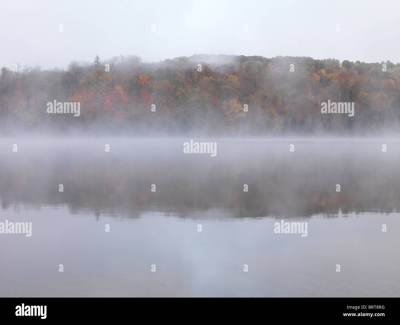 Early morning fall nature scenery of fog rising over The Arrowhead Lake ...