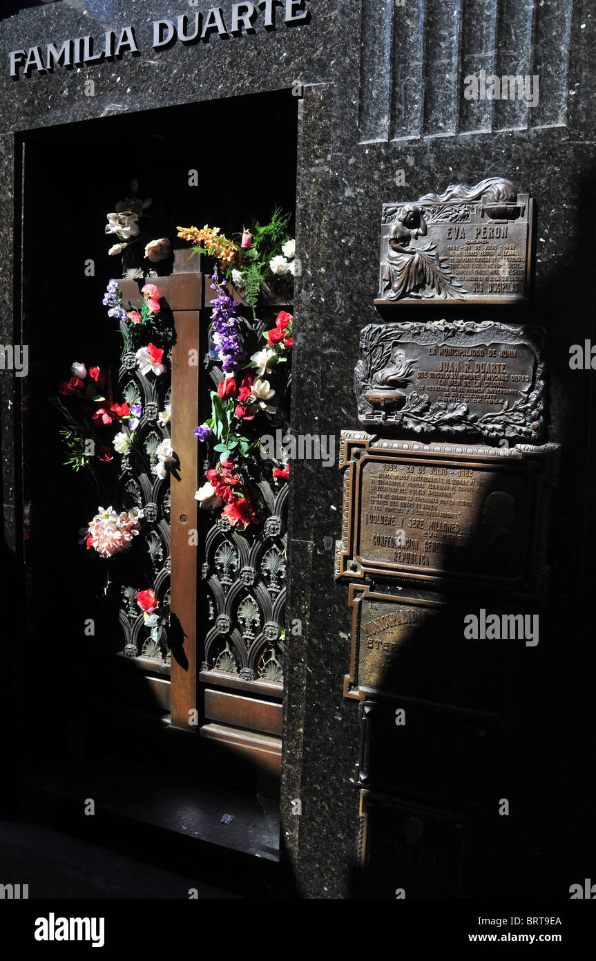 Natural light shot of Eva Peron's Grave (Familia Duarte Tomb), flowers ...