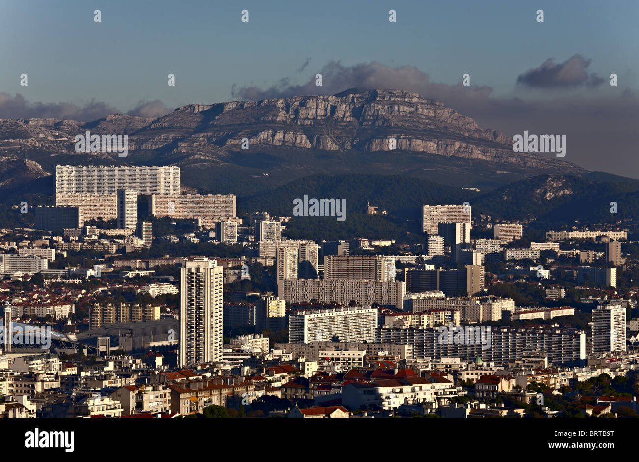 Modern buildings of Marseille, France Sight from hill with basilique ...