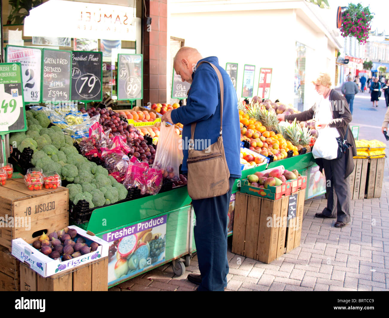pavement display outside green grocers shop, Newquay, Cornwall, UK ...