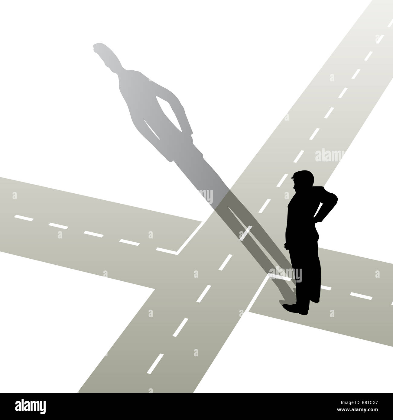 Illustration of a man standing at a crossroads Stock Photo - Alamy