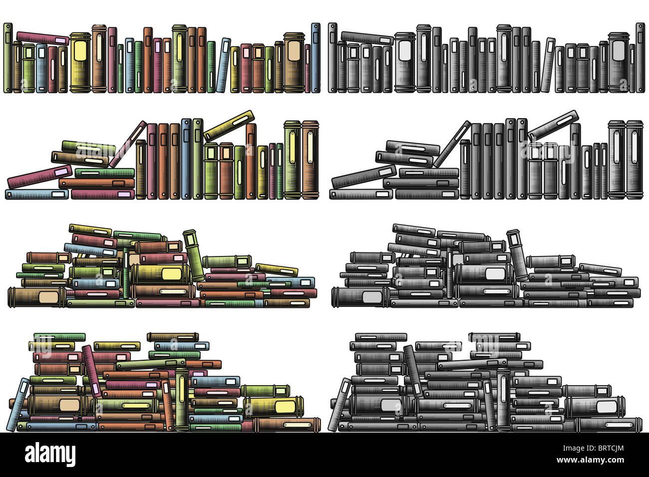Illustrations of rows and piles of books as foreground design elements ...