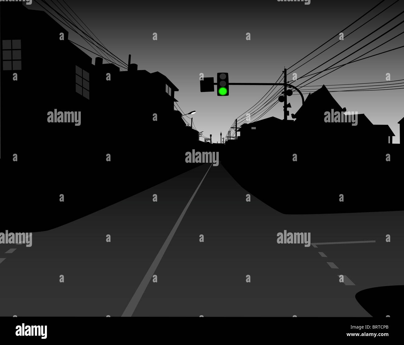 Illustrated design of green traffic light over a dark and empty street ...