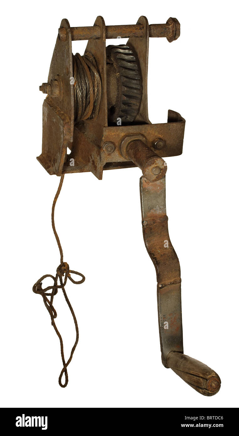 Old hand winch with worm mechanism and hawser Stock Photo - Alamy