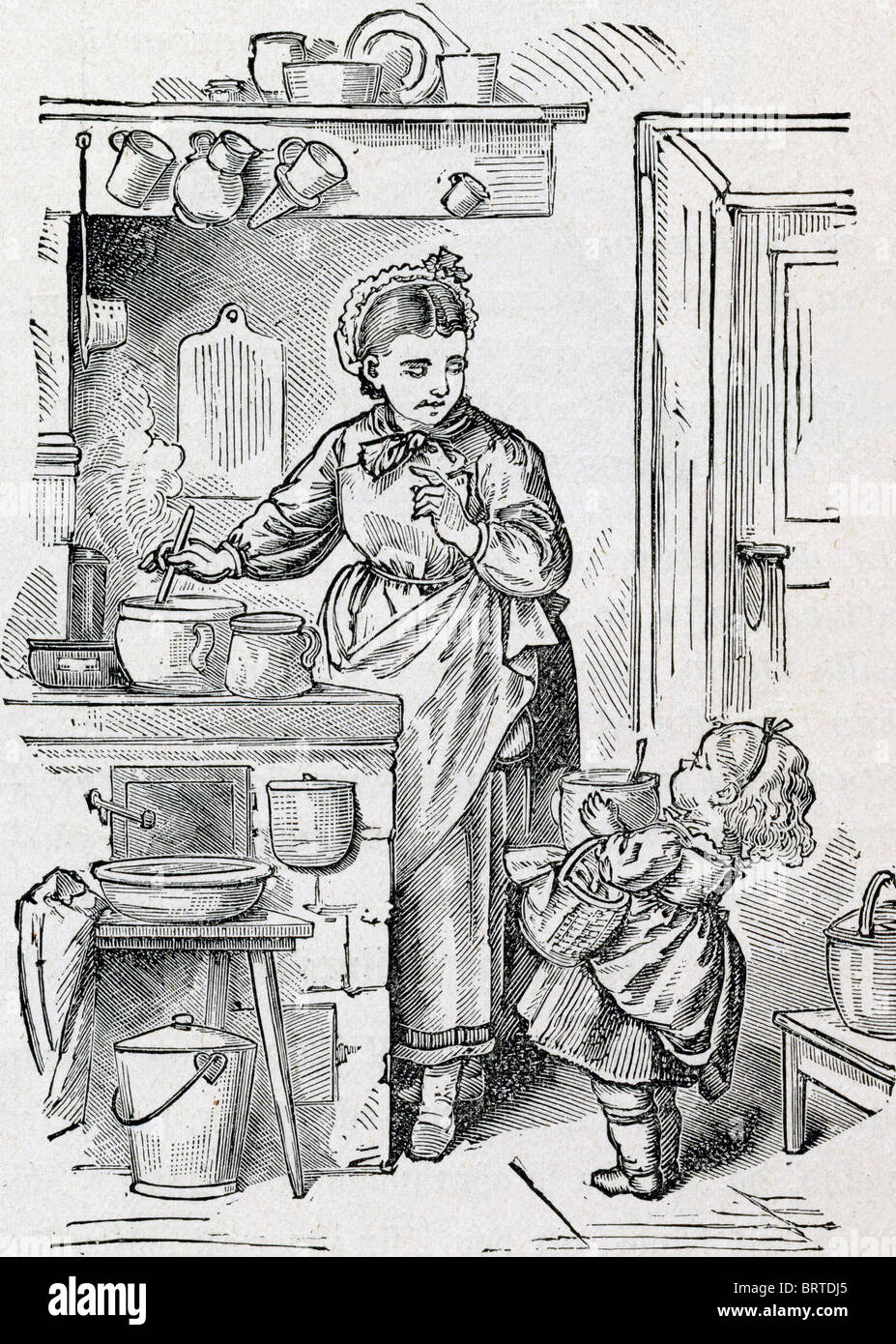 100 year old lithograph of kitchen scene Stock Photo - Alamy